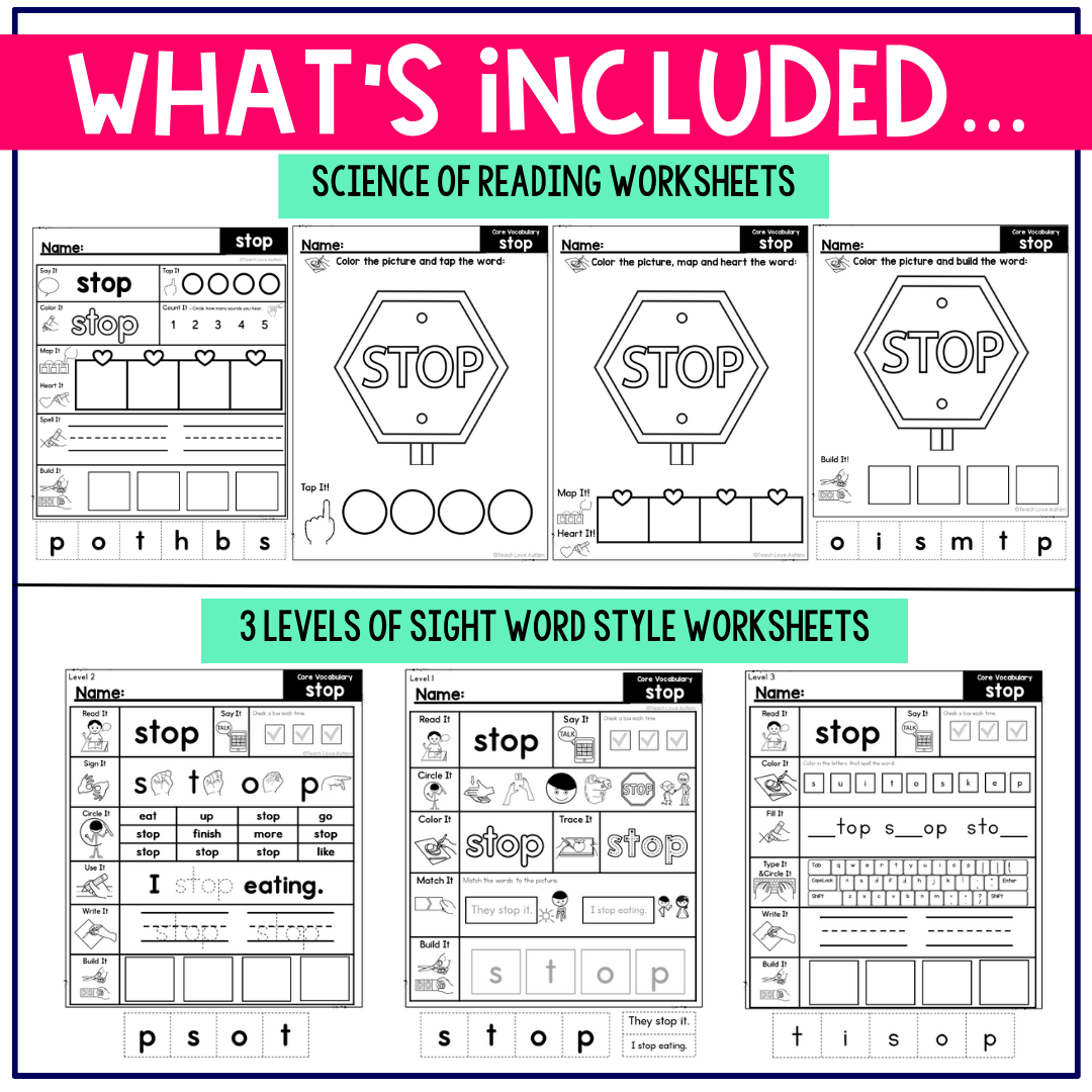 Core Vocabulary Worksheets STOP for Reading, Phonics, AAC, and Speech ...
