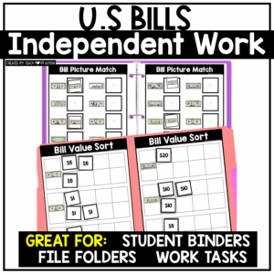 U.S. BILLS Independent Work Binder Money File Folders for Work Tasks ...