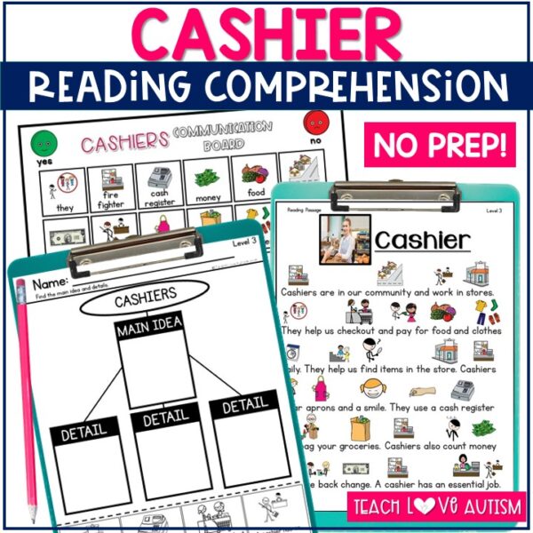 Cashier Reading Comprehension Passages and Worksheets with Visual ...