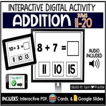 Addition Facts Sums 10-20 Digital Task Cards | Math Facts Boom Cards ...