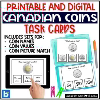 Canadian Coins Printable and Digital Task Cards - Teach Love Autism