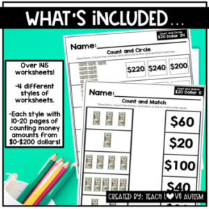 Counting Twenty Dollar Bills Worksheets - Teach Love Autism