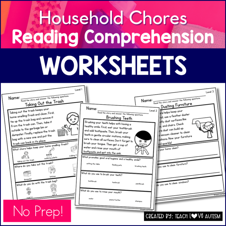 Simple Life Skills Reading Comprehension Worksheets | Household Chores ...