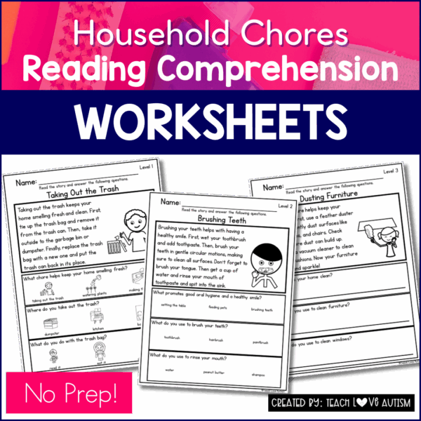 Simple Life Skills Reading Comprehension Household Chores Worksheets ...