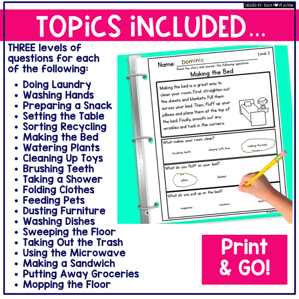 Simple Life Skills Reading Comprehension Worksheets | Household Chores ...