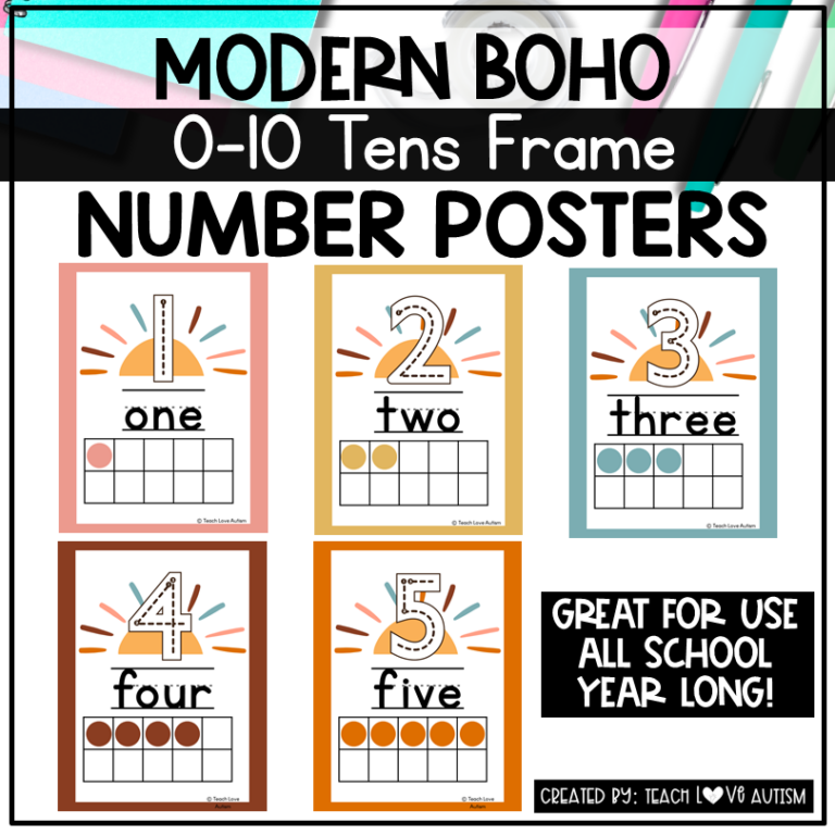 Modern Boho 0-10 Number Posters with Ten Frames - Teach Love Autism