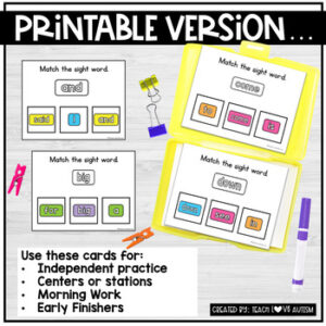 Pre-Primer Sight Word Match | Reading Printable Task Cards | Boom Cards ...