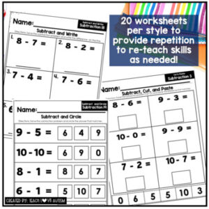 Subtraction Within 10 Worksheets | No Prep Math Worksheets - Teach Love ...