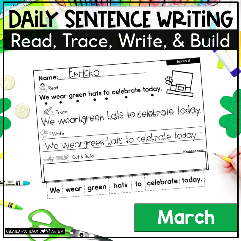 March Daily Writing Worksheets | Read, Trace, Write, and Build Activity ...