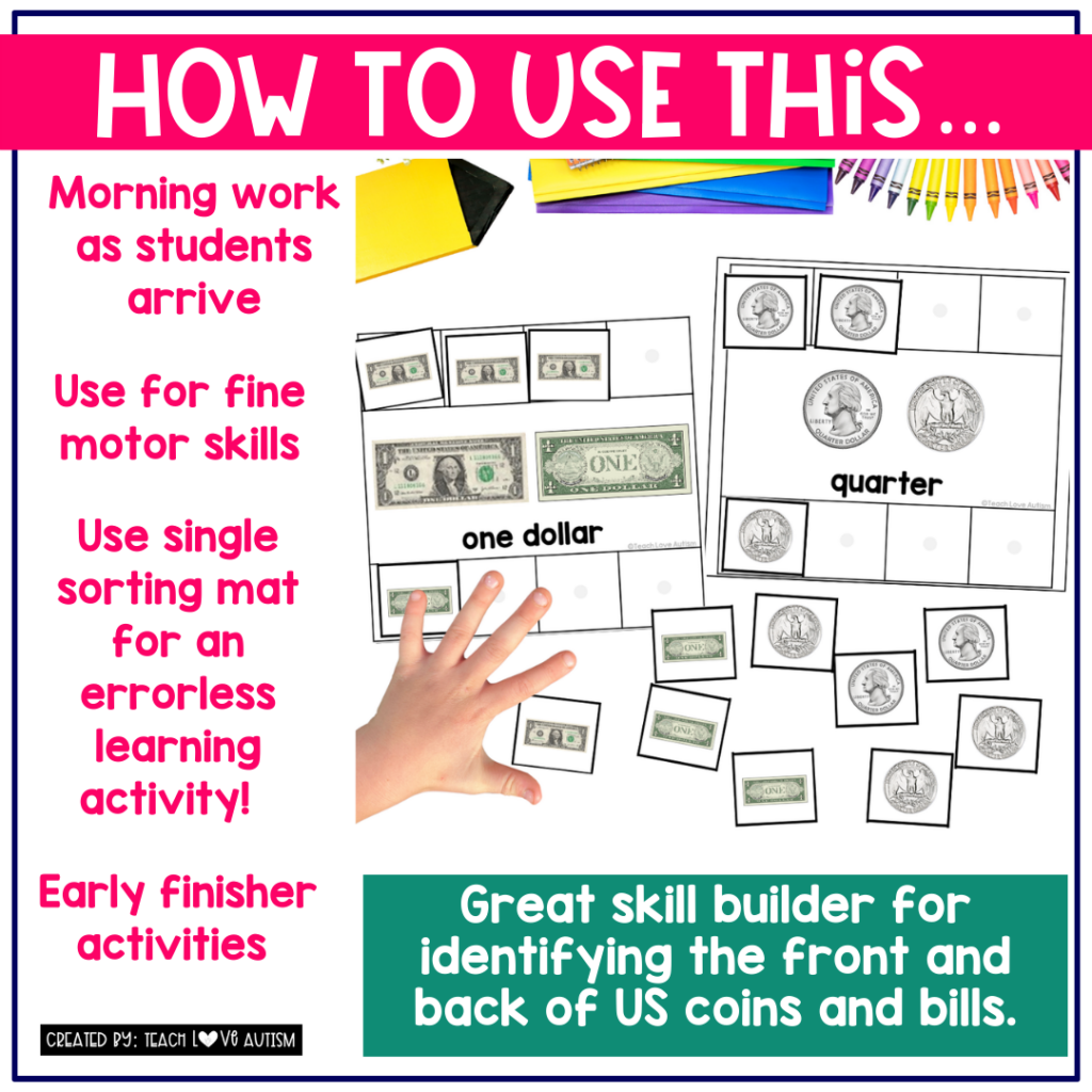 Money Sorting Mats with Coins and Bills - Teach Love Autism
