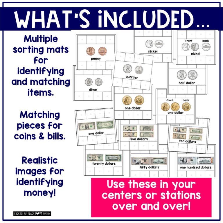 Money Sorting Mats with Coins and Bills - Teach Love Autism