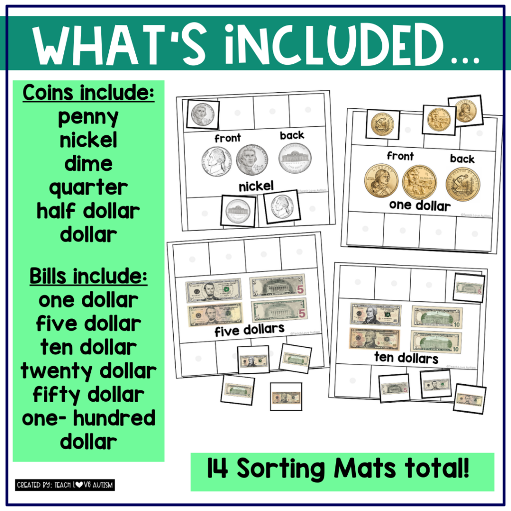Money Sorting Mats with Coins and Bills - Teach Love Autism