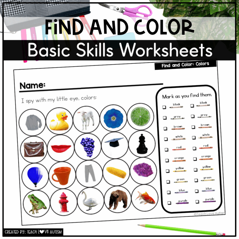Find and Color Worksheets for Basic Skills - Teach Love Autism