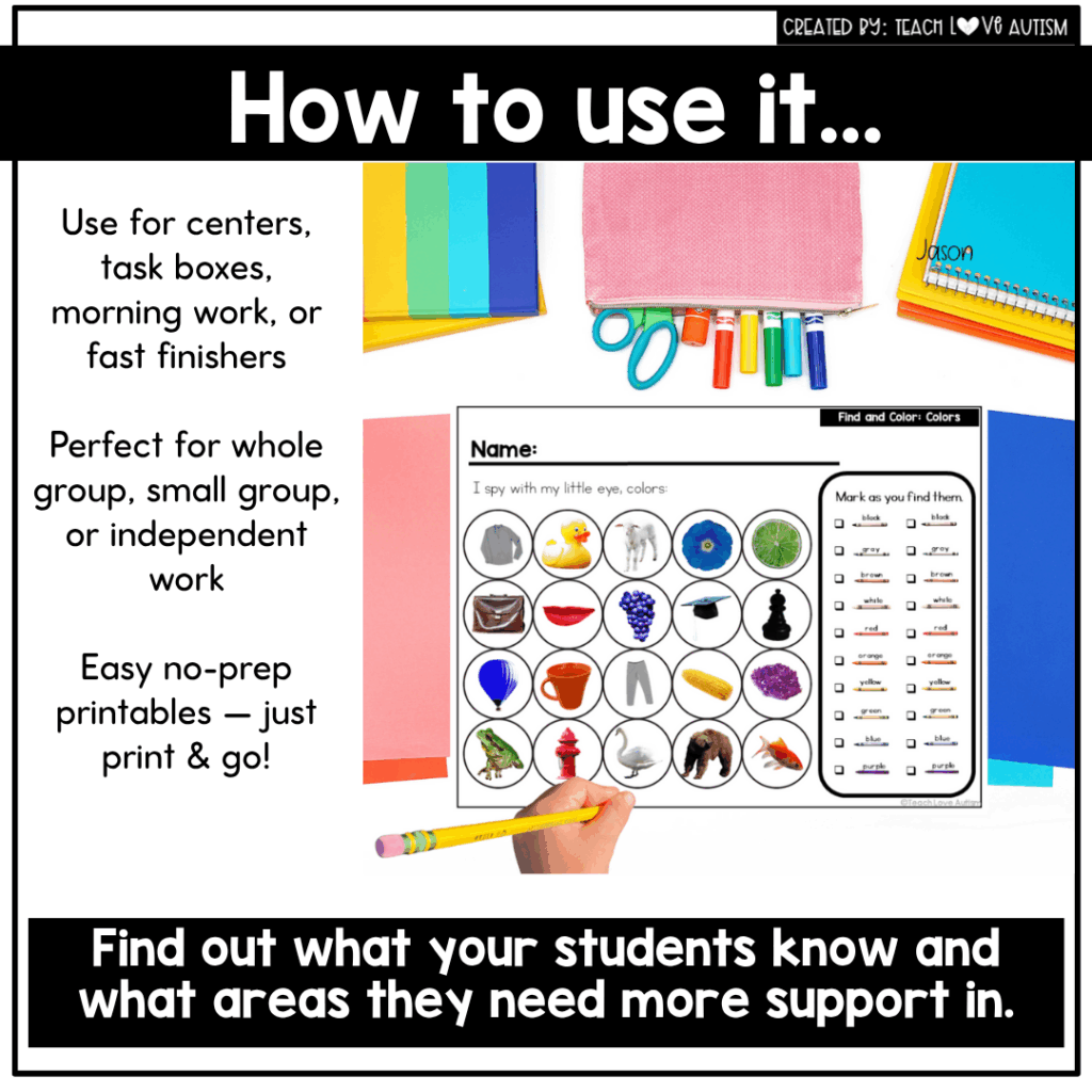 Find and Color Worksheets for Basic Skills - Teach Love Autism