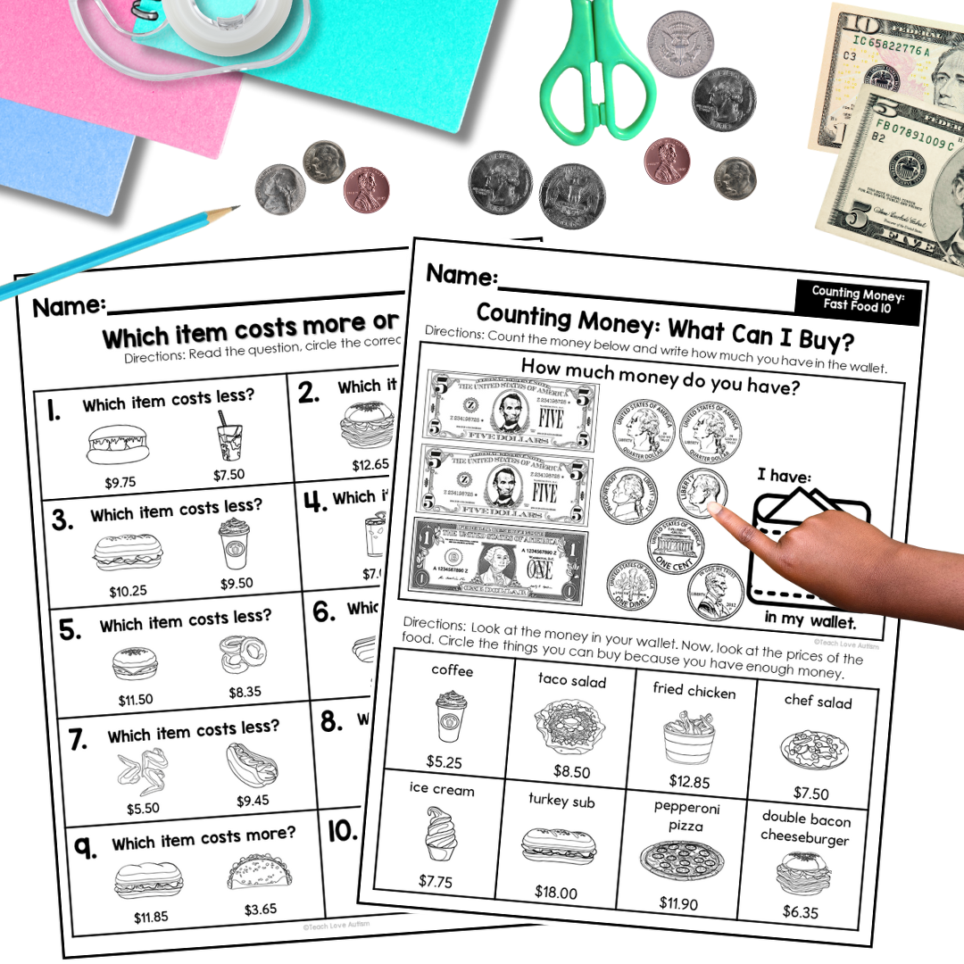 Counting and Comparing Money Worksheets Fast Food Math Life Skills ...