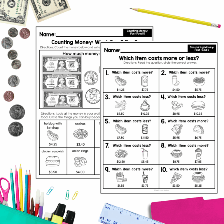 Counting and Comparing Money Worksheets Fast Food Math Life Skills ...