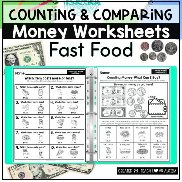 Counting and Comparing Money Worksheets Fast Food Math Life Skills ...