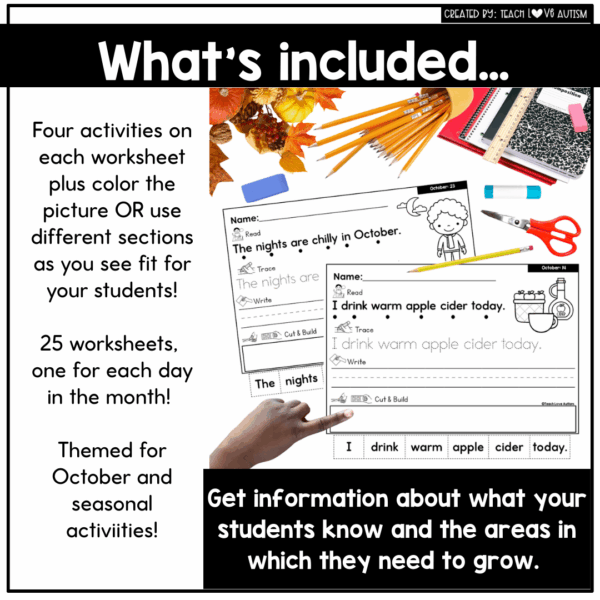 October Daily Writing Worksheets | Read, Trace, Write, and Build ...