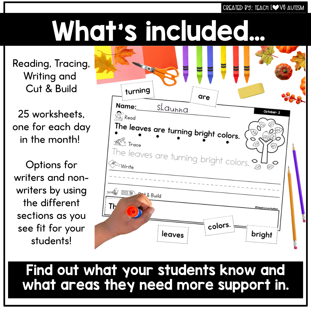 October Daily Writing Worksheets | Read, Trace, Write, and Build ...