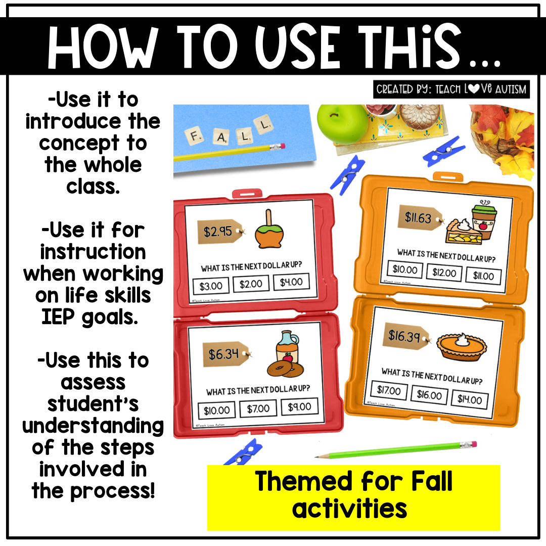 Fall Treats Next Dollar Up Task Cards - Teach Love Autism