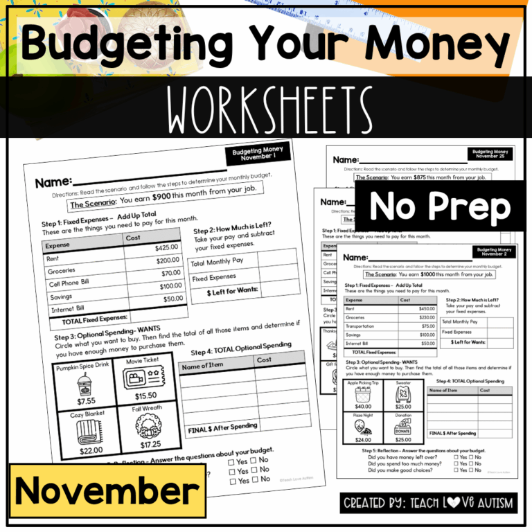 November Budgeting Worksheets | Money Management - Teach Love Autism