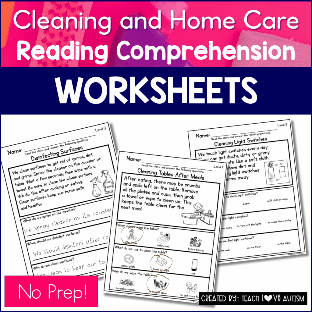 Simple Life Skills Reading Comprehension Worksheets | Cleaning and Home ...