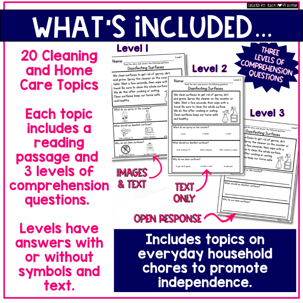 Simple Life Skills Reading Comprehension Worksheets | Cleaning and Home ...