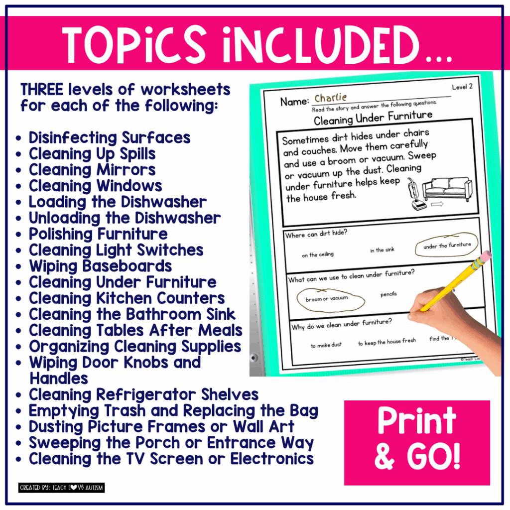 Simple Life Skills Reading Comprehension Worksheets | Cleaning and Home ...