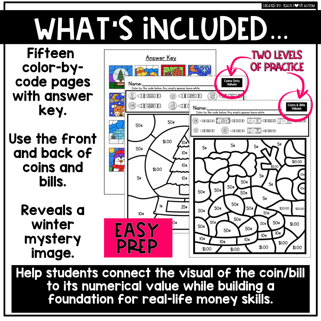 January Color by Code | Money Values - Teach Love Autism