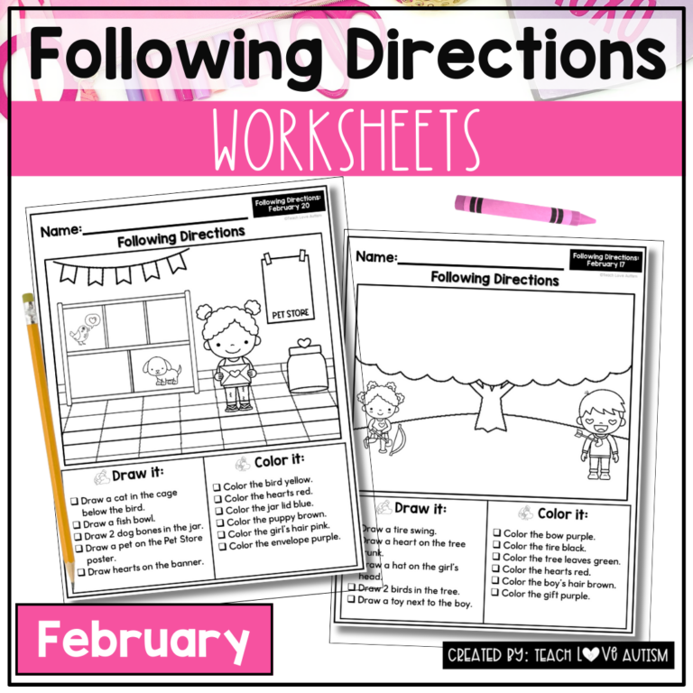 February Following Directions Worksheets | Valentine's Day Activity ...