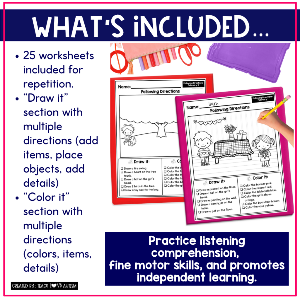 February Following Directions Worksheets | Valentine's Day Activity ...